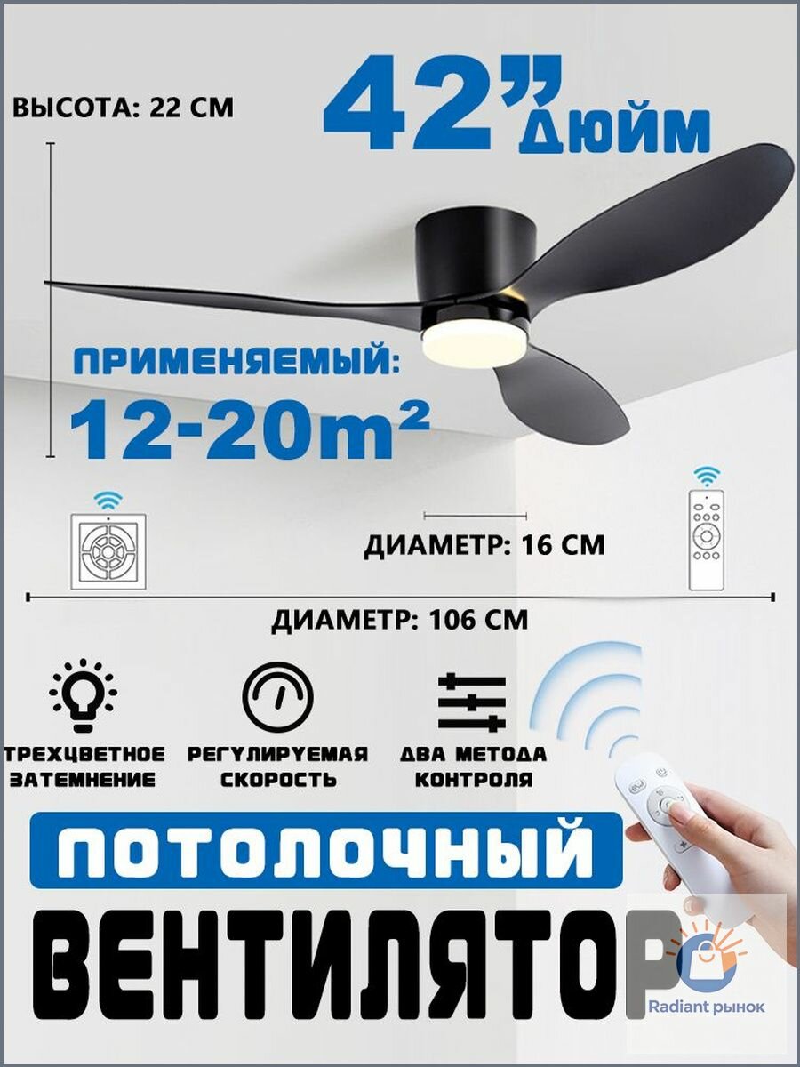 Большой палец Потолочный вентилятор ZYY615, черный матовый