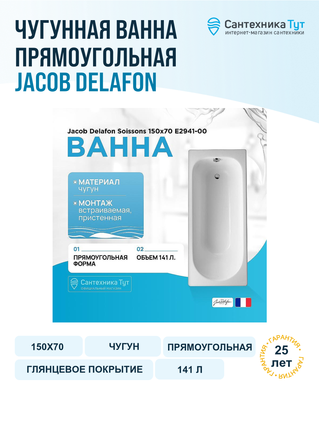 Ванна чугунная Jacob Delafon Soissons 150x70 E2941-00, белая