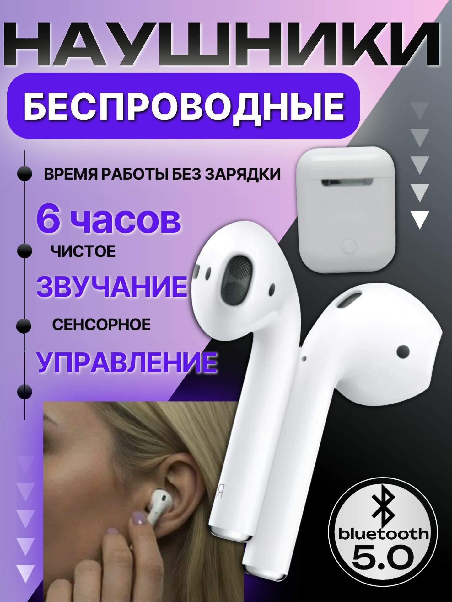 Наушники беспроводные с микрофоном вкладыши bluetooth 5.0, белые