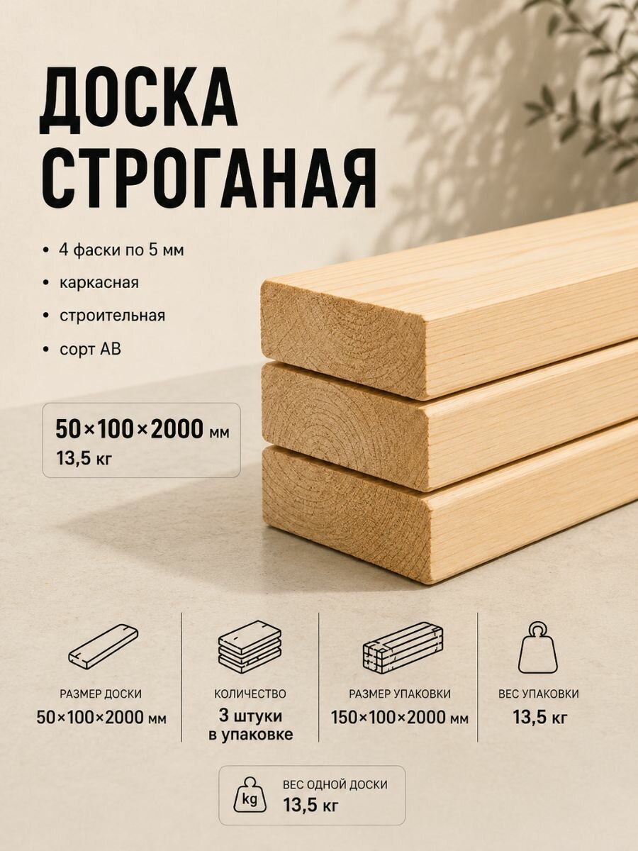 Доска строганая 4 фаски 5 мм, каркасная, строительная, сорт АВ, 50*100*2000, пачка 3шт