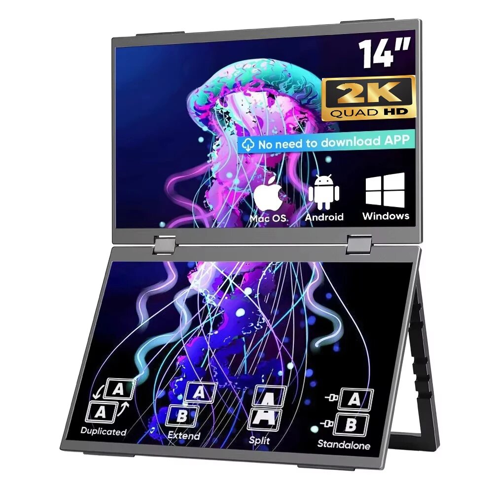 SIBOLAN 14" 2k Двойной портативный монитор IPS 1920*1200P 16:10 Игровой внешний экран TYPE-C HDMI VESA Колонки для ноутбука Мини ПК