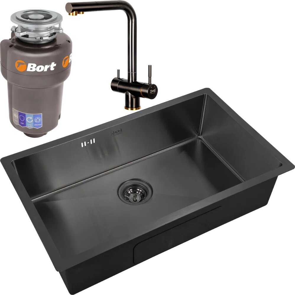 Комплект Мойка Zorg Inox PVD 7444 74x44, grafit, нержавеющая сталь / Смеситель Inox SZR-7039 BR/GRAFIT графит, бронза, бронза графит / Измельчитель Bort Titan Max Power электрический, нержавеющая стал