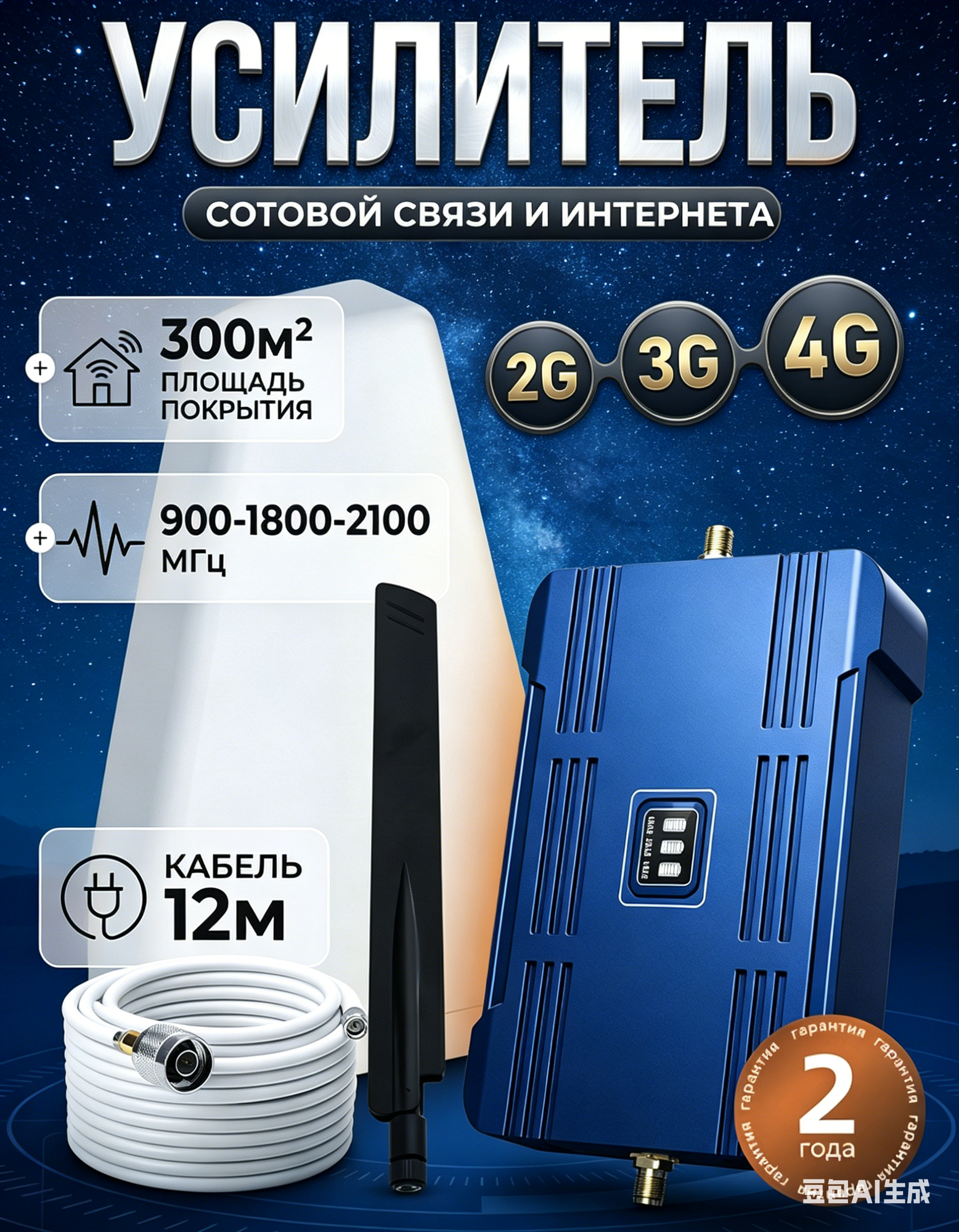 Усилитель сотовой связи 900/1800/2100 МГц (2G/3G/4G): до 70 км, направленный, синий, 1.3 кг