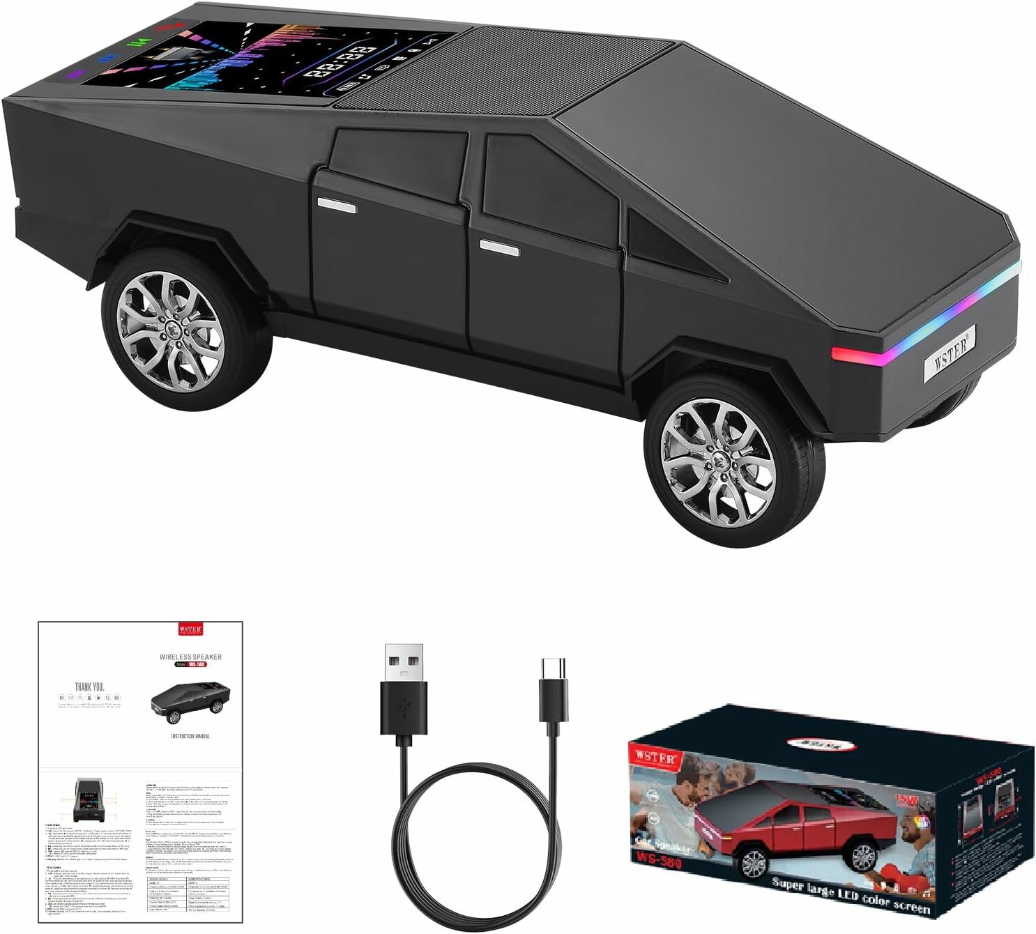 Портативная колонка WS-580 "Cybertruck", со встроенным дисплеем, с микрофоном, черная