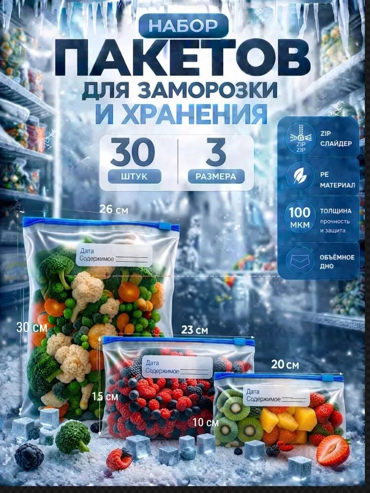 Пакеты для заморозки с zip-замком, набор 30 шт, 3 размера, пищевые зип пакеты для хранения продуктов, овощей, ягод, зелени, фруктов, сыра, орехов, для холодильника и морозильной камеры