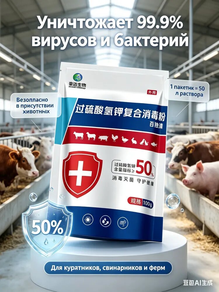 Дезинфекция животноводческих фермпорошок пероксимоносульфата калия 50%-для дезинфекции помещений и инкубаторов, без остаточных веществ и без развития резистентности