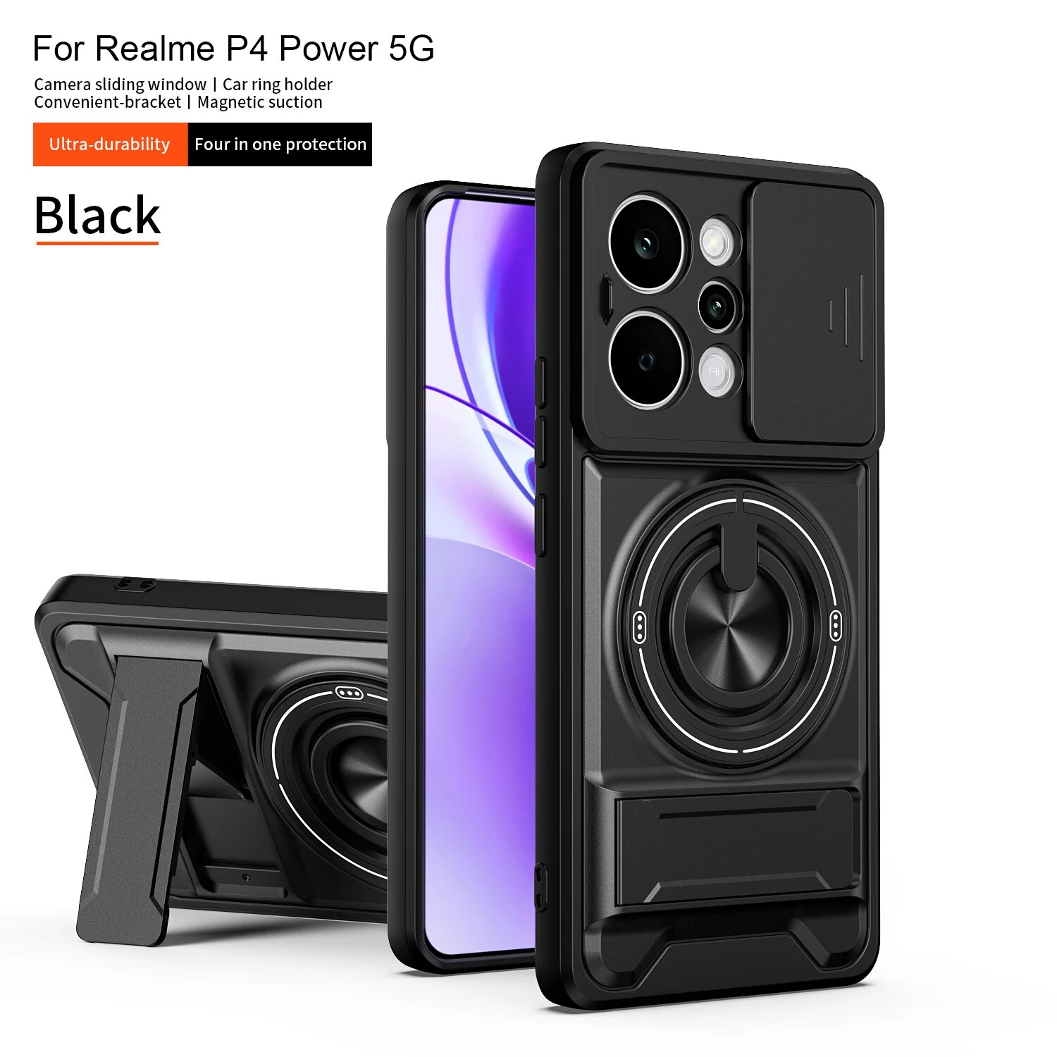 Противоударный чехол Slide Len Armor для Realme P4 Power 5G со встроенным магнитным Черный, Black