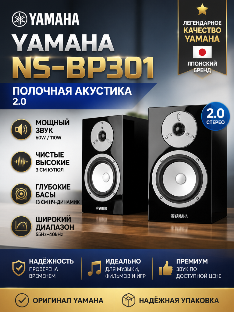 Акустическая система Yamaha NS-BP301, полочная, 2 шт, цвет черный