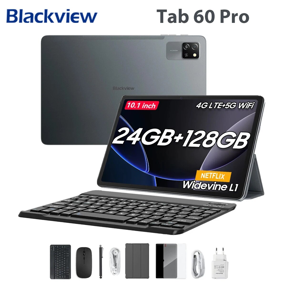 Планшет Blackview Tab 60 Pro на Android 14, 10,1 дюйма, 24 (8, 16) ГБ, 128 ГБ, аккумулятор 7700 мАч, в комплекте с клавиатурой, мышью и стилусом — серый/синий.