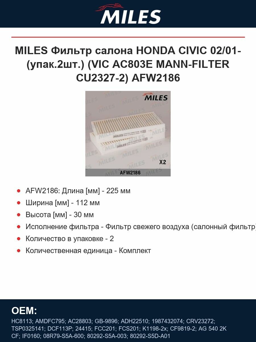 MILES Фильтр салона HONDA CIVIC 02/01- (упак.2шт.) (VIC AC803E MANN-FILTER CU2327-2) AFW2186