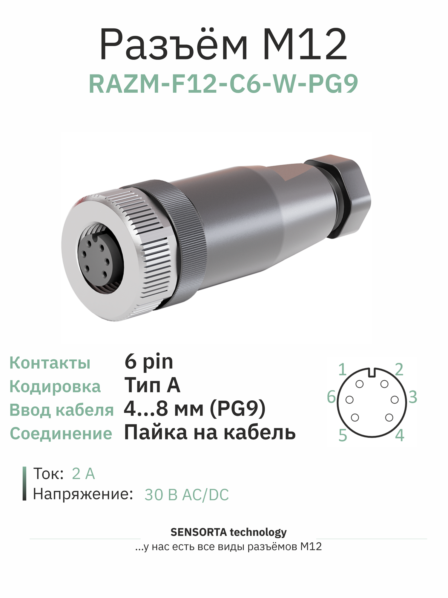 RAZM-F12-C6-W-PG9 разъём М12 6 pin прямой / розетка (мама) / PG9 (4-8 мм диаметр под кабель)