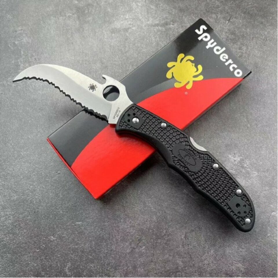Складной нож Spyderco C12 с изогнутым лезвием из стали 8cr14mov, рукоять из нейлонового волокна, для активного отдыха, выживания, охоты и кемпинга.