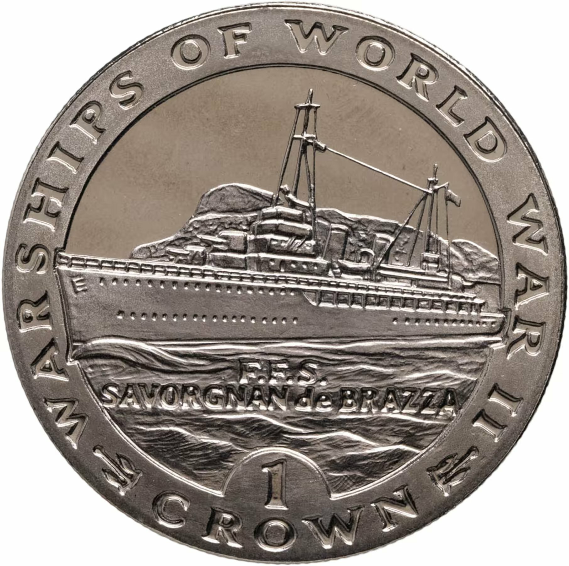 Гибралтар 1 крона 1993 "Корабли Второй мировой войны - FFS SAVORGHAN BRAZZA", Мельхиор медь-никель, в сохранности UNC