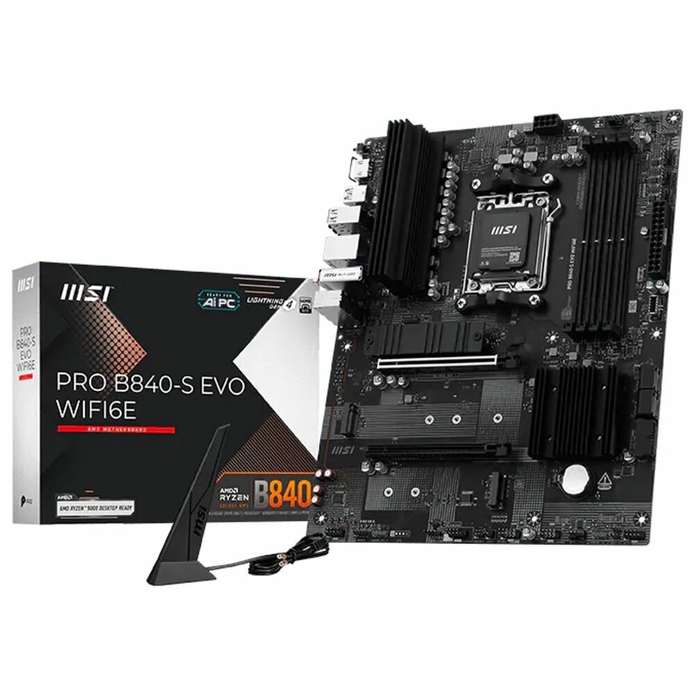 Материнская плата MSI PRO B840-S EVO WIFI6E B840, AM5, 4*DDR5, 2*PCIEx16, 3*M.2, 2*TypeC, 1*USB3.2Gen2, 4*USB3.2Gen1, 8*USB2.0, 4*SATA3.0, 2.5G, HDMI, ATX, RTL