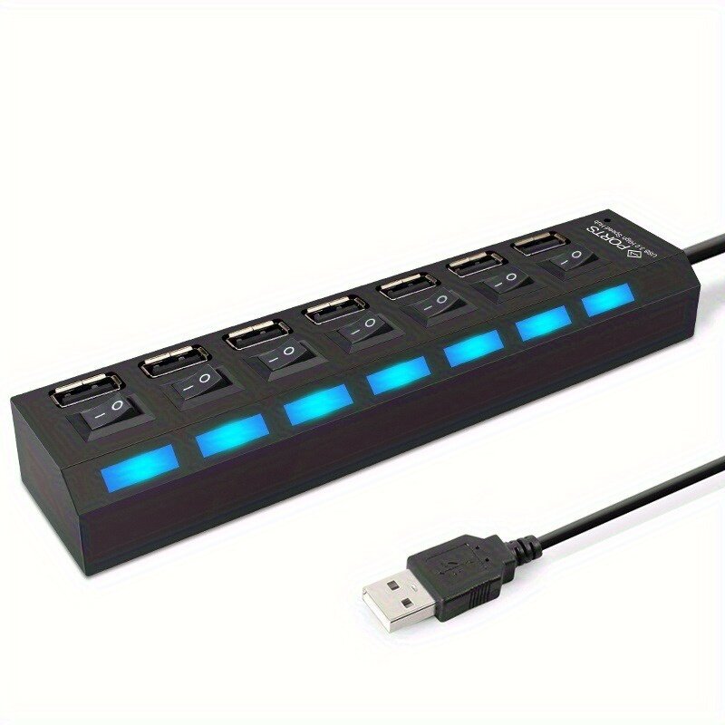 USB 2.0 хаб 7 портов с индивидуальными выключателями, высокоскоростной, питание от USB, черный