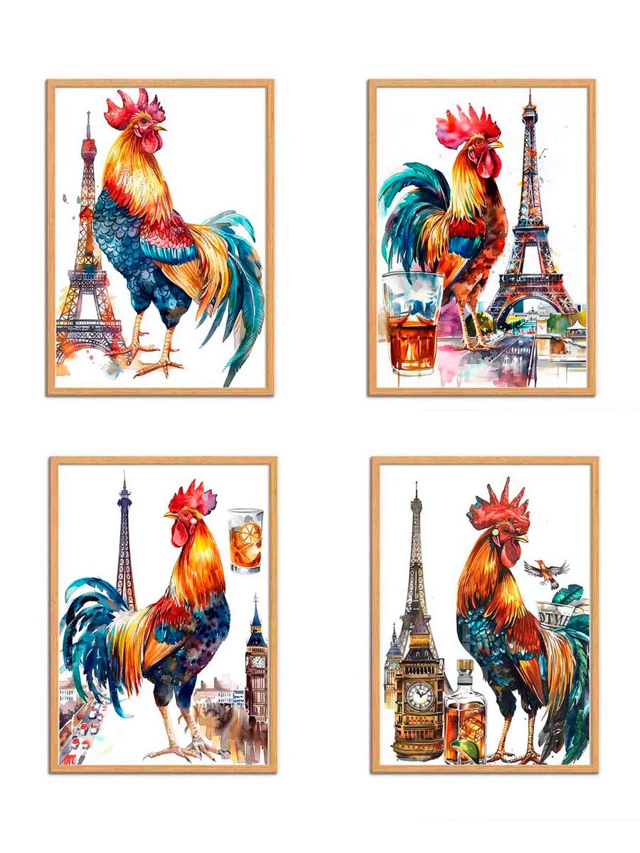 Птица петух Пьет Виски, 4 Плаката, 30x21см