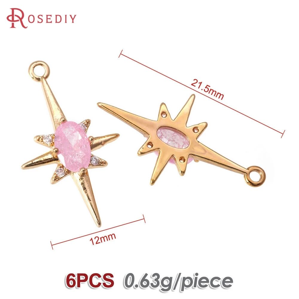 Подвески-шармы из латуни с позолотой 18K, цирконами и стеклом в форме креста и 56992-Crack Pink