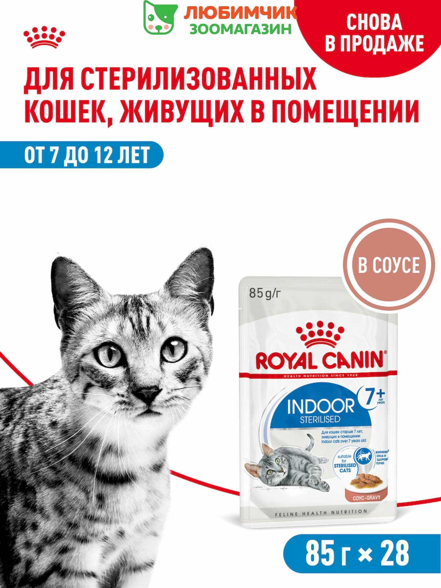 Royal Canin Indoor влажный корм для стерилизованных пожилых кошек, кусочки в соусе (28шт в уп) 85 гр