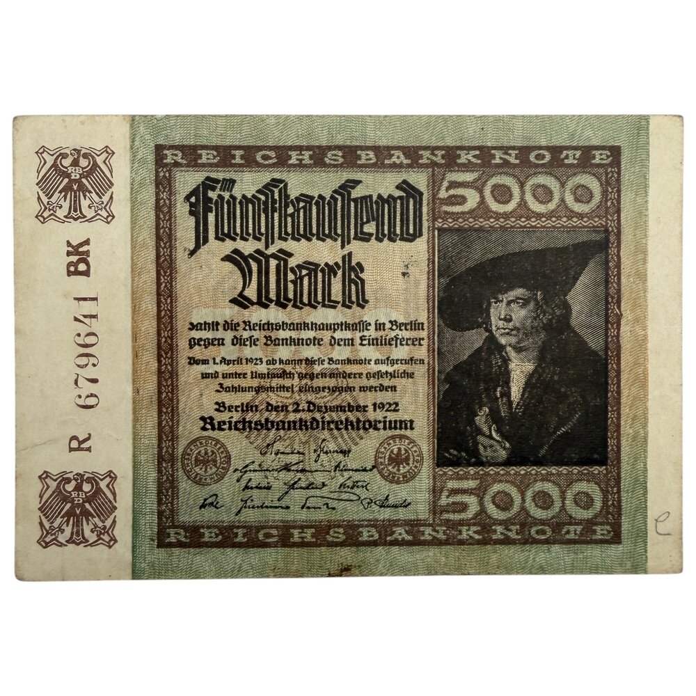 Веймарская республика (Германия) 5000 марок 1922 г. (02.12) (ВЗ - Греческий узор) (Серия R BK)