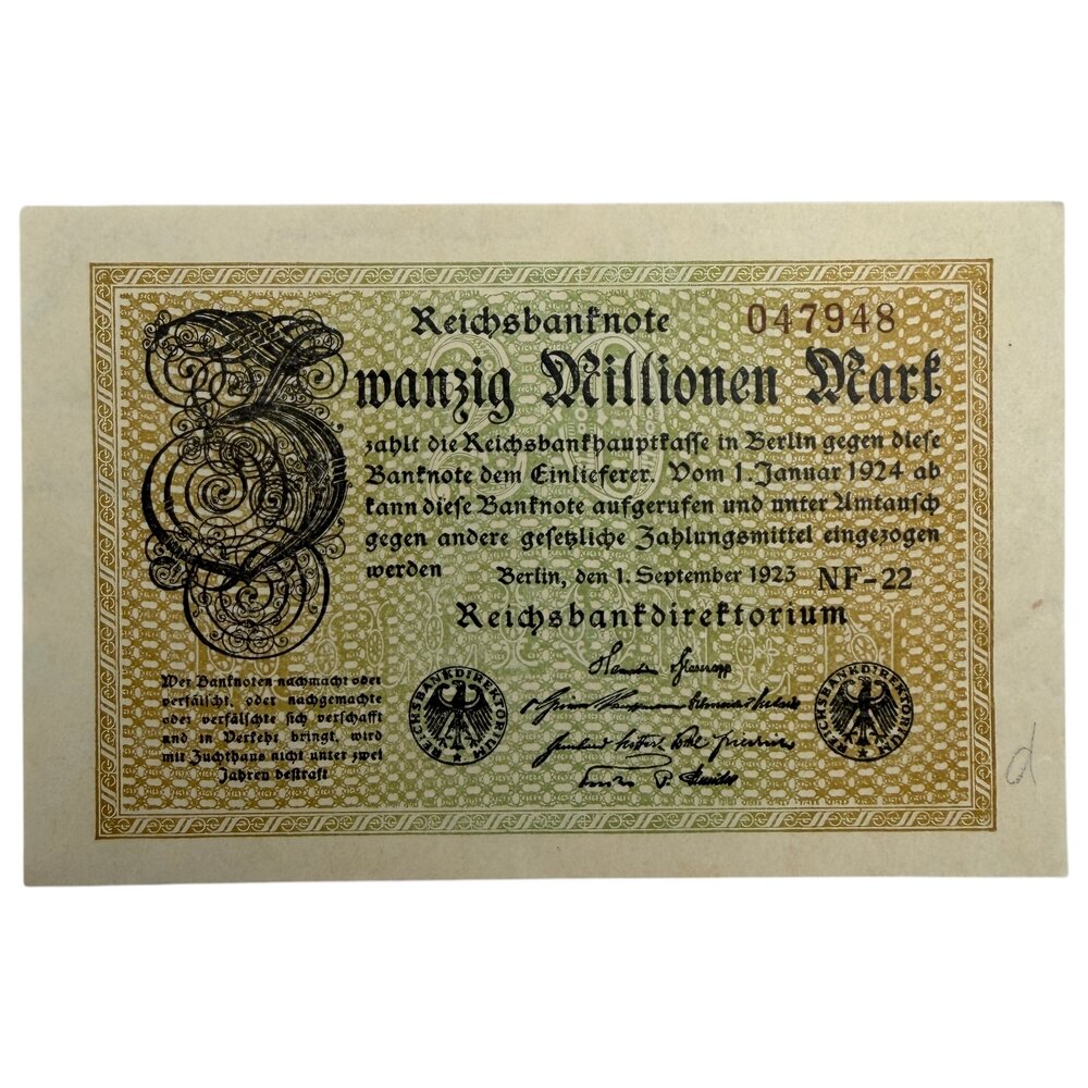 Веймарская республика 20000000 (20 миллионов) марок 1923 г. (01.09) (ВЗ - Звёзды G&D) (Серия NF-22)