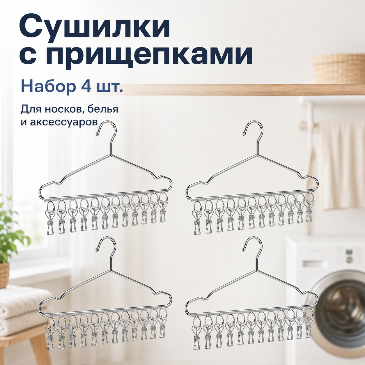Подвесные сушилки с зажимами из нержавеющей стали для белья и носков, комплект 4 шт.