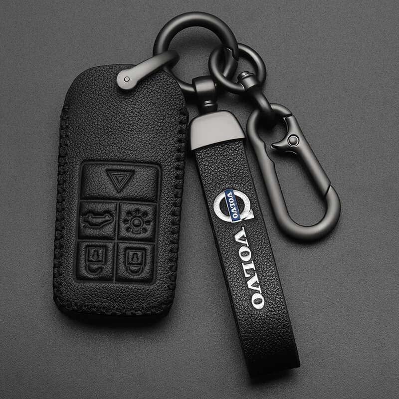 Кожаный держатель для ключей Volvo Стиль B с 5-кнопочной системой, черный для моделей XC90/V90