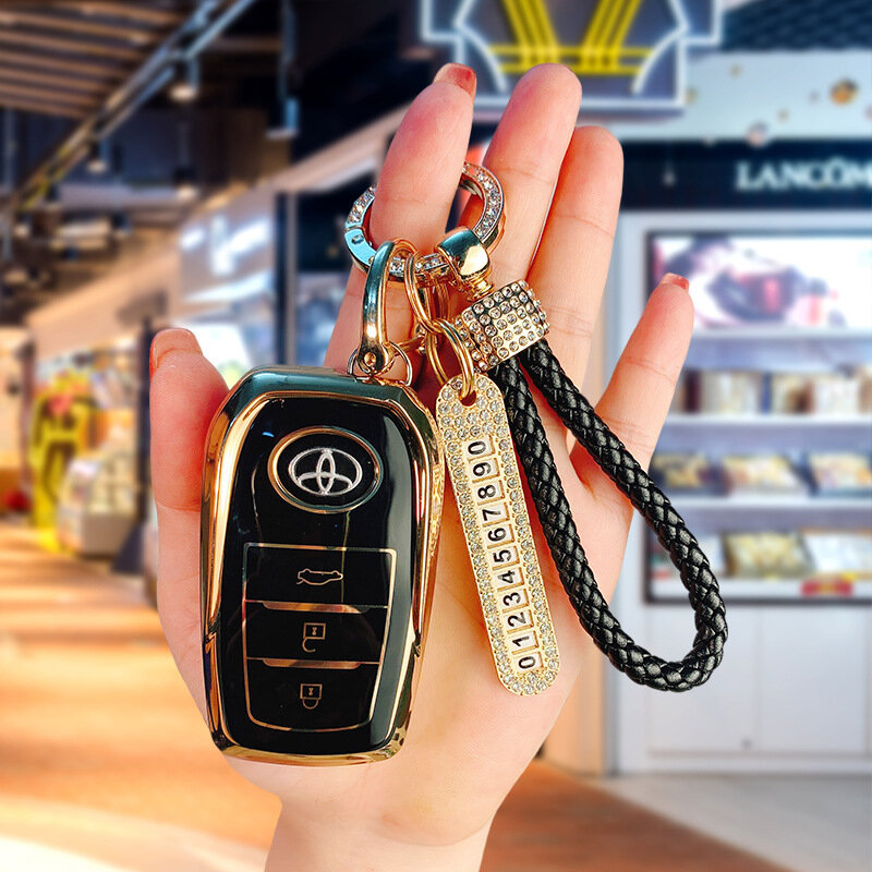 Кейс для ключа-брелка Toyota Classic 3-кнопочный черный с черной диамантной лентой и золотым номером