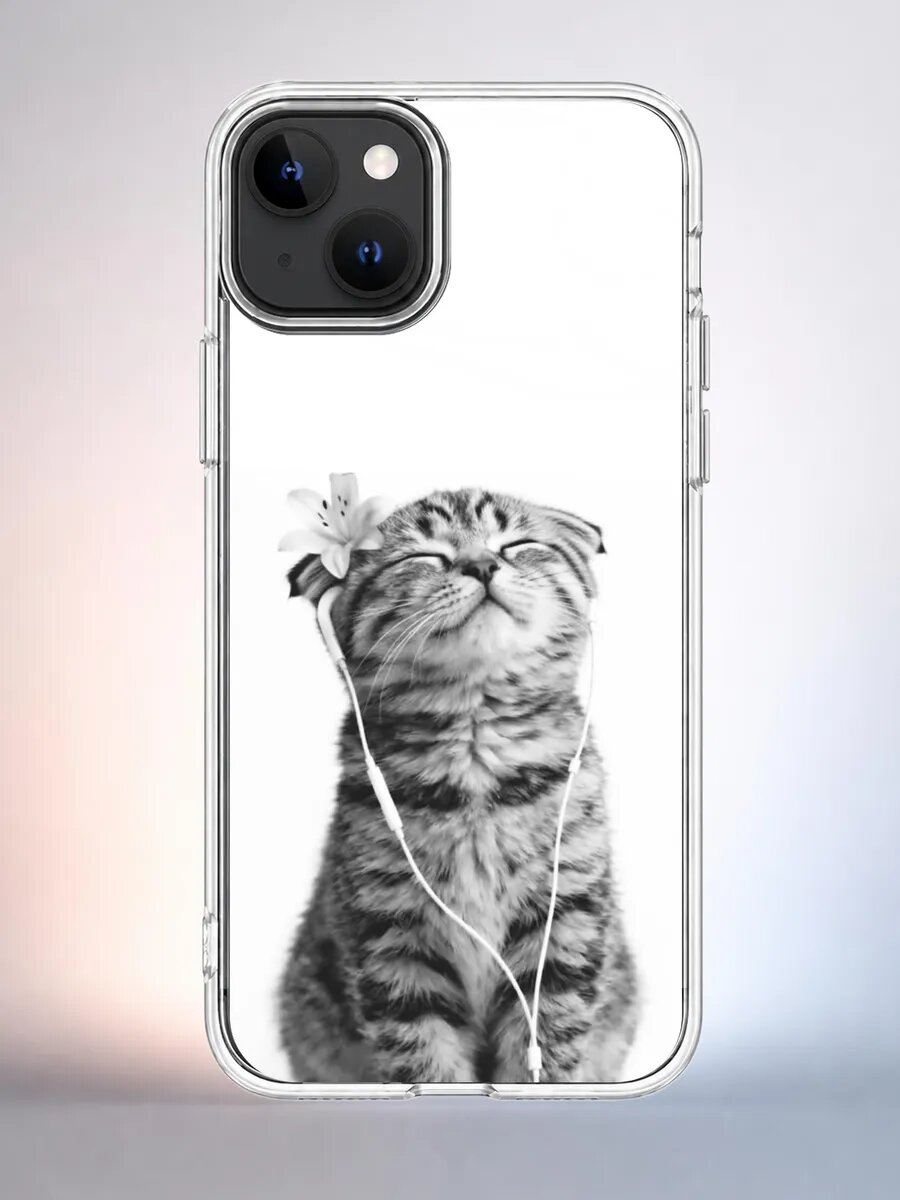 Чехол iPhone 14 котик наушники силиконовый прозрачный