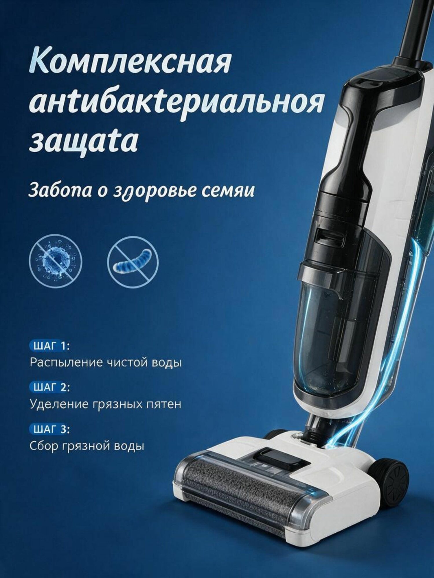 Моющий пылесос вертикальный беспроводной Remosino для влажной и сухой уборки дома 2в1 c самоочисткой, мощный и легкий,22 кПа