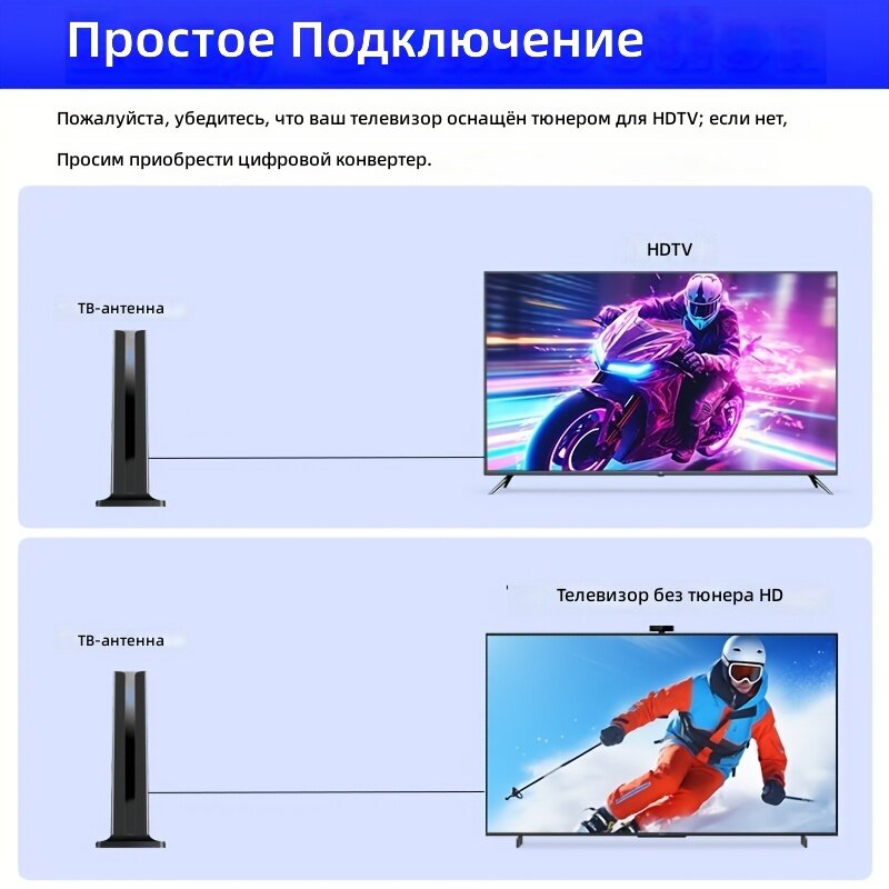 Вертикальная комнатная телевизионная антенна HDTV-08 для цифрового эфирного ТВ, 4K-совместимая, с усилителем сигнала, без ежемесячной абонентской платы.