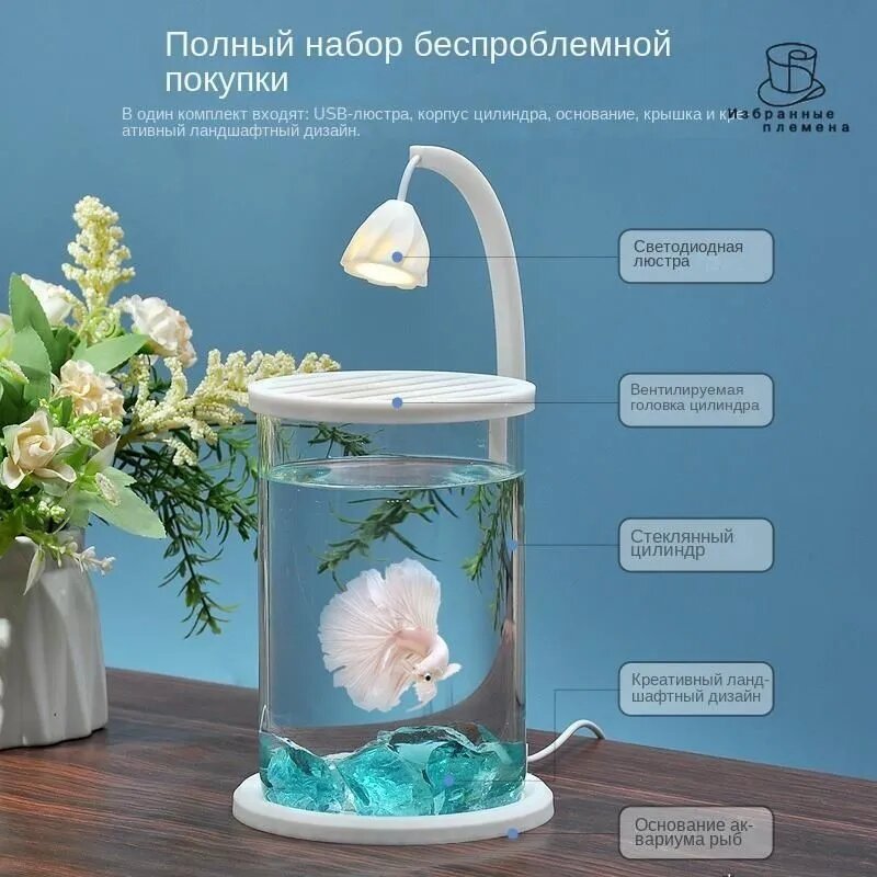 Аквариум для рыб, 17 л, панорамный, бесшовный, с подсветкой, белый/зеленый, ABS пластик/стекло — фото 1