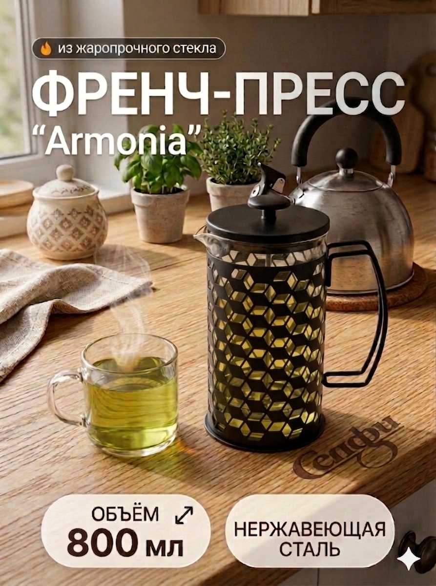 Френч-пресс 800мл «Armonia» ромбы, черный металл, стекло, для кофе и чая