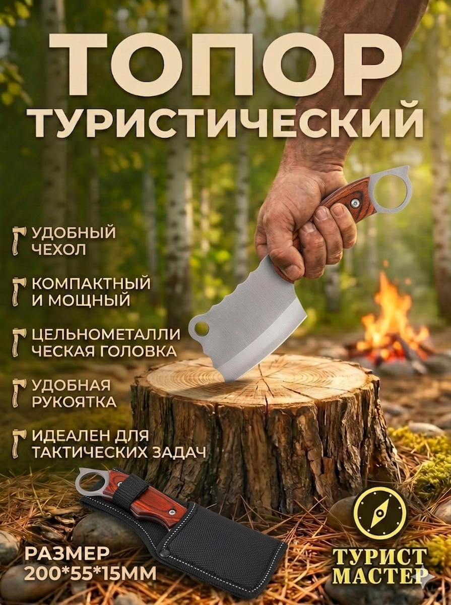 Топор туристический 200*55*15 мм, в чехле, сталь, резиновые накладки