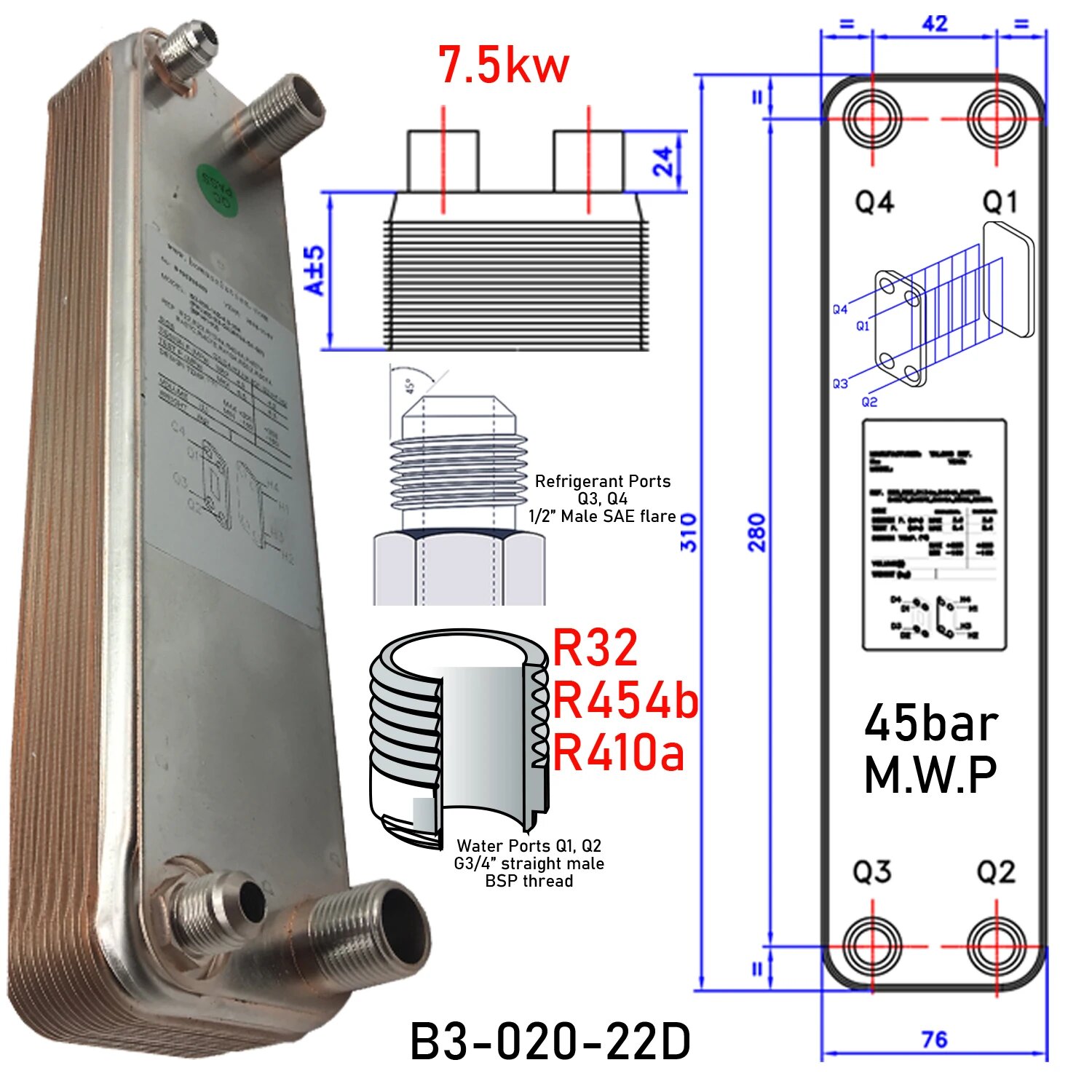 Медный теплообменник PHE 7.5KW R410a B3-020-22D
