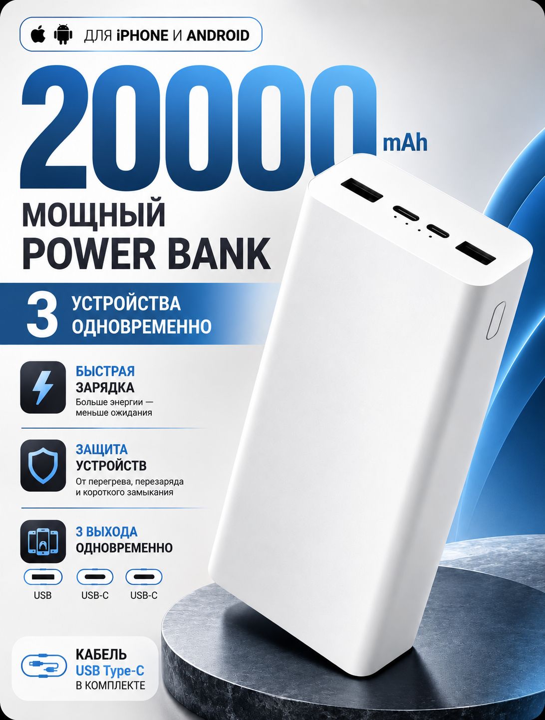 Повербанк (powerbank) 20000 mah с быстрой зарядкой/внешний аккумулятор портативный мощный универсальный для телефона/смартфона