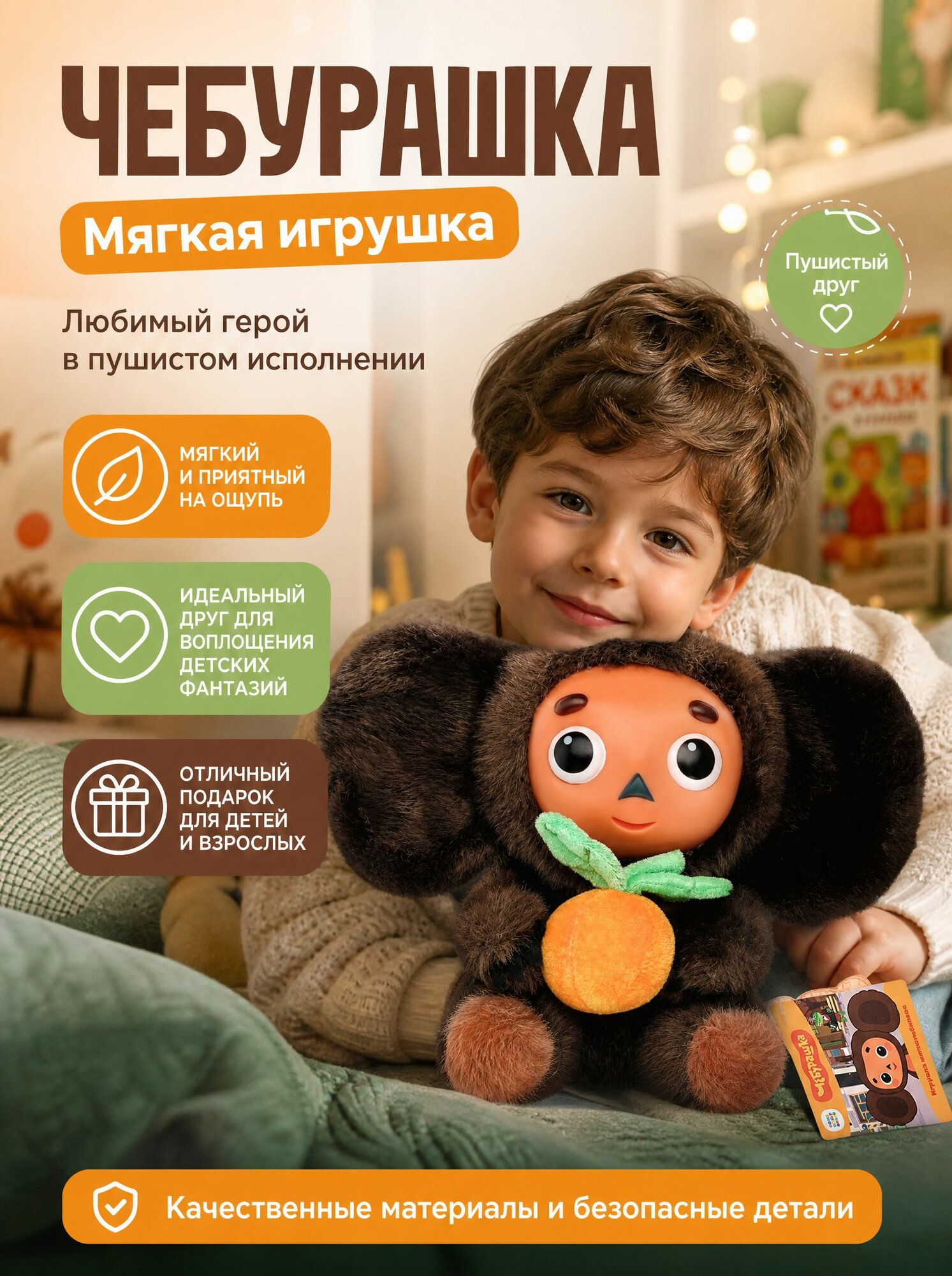 Мягкая игрушка для детей музыкальная Чебурашка 17 см с апельсином Союзмультфильм, Мульти-Пульти