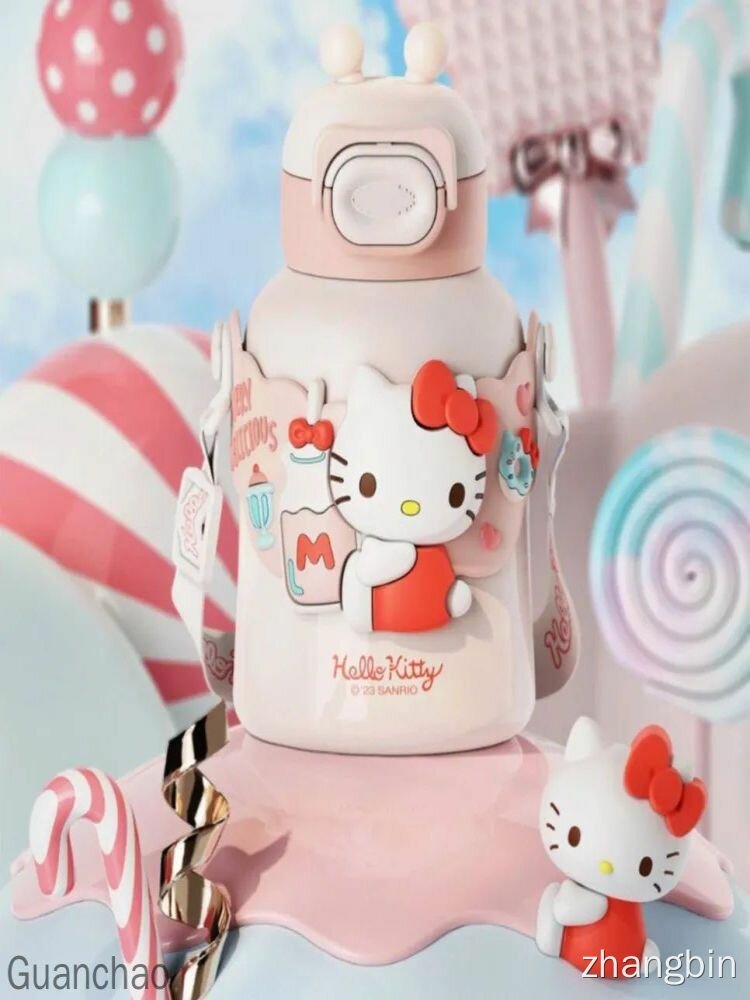 Термокружка Hello Kitty 480 мл, розовая с 3D-изображением, для детей, термос — фото 1