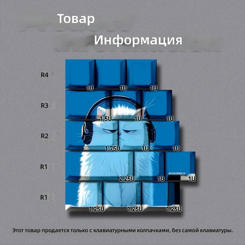 Набор механических клавиш-кэпов OEM профиля из пятистороннего PBT, 15 клавиш, с музыкальным дизайном: белая длинношерстная кошка в черных наушниках на синем фоне с колонкой