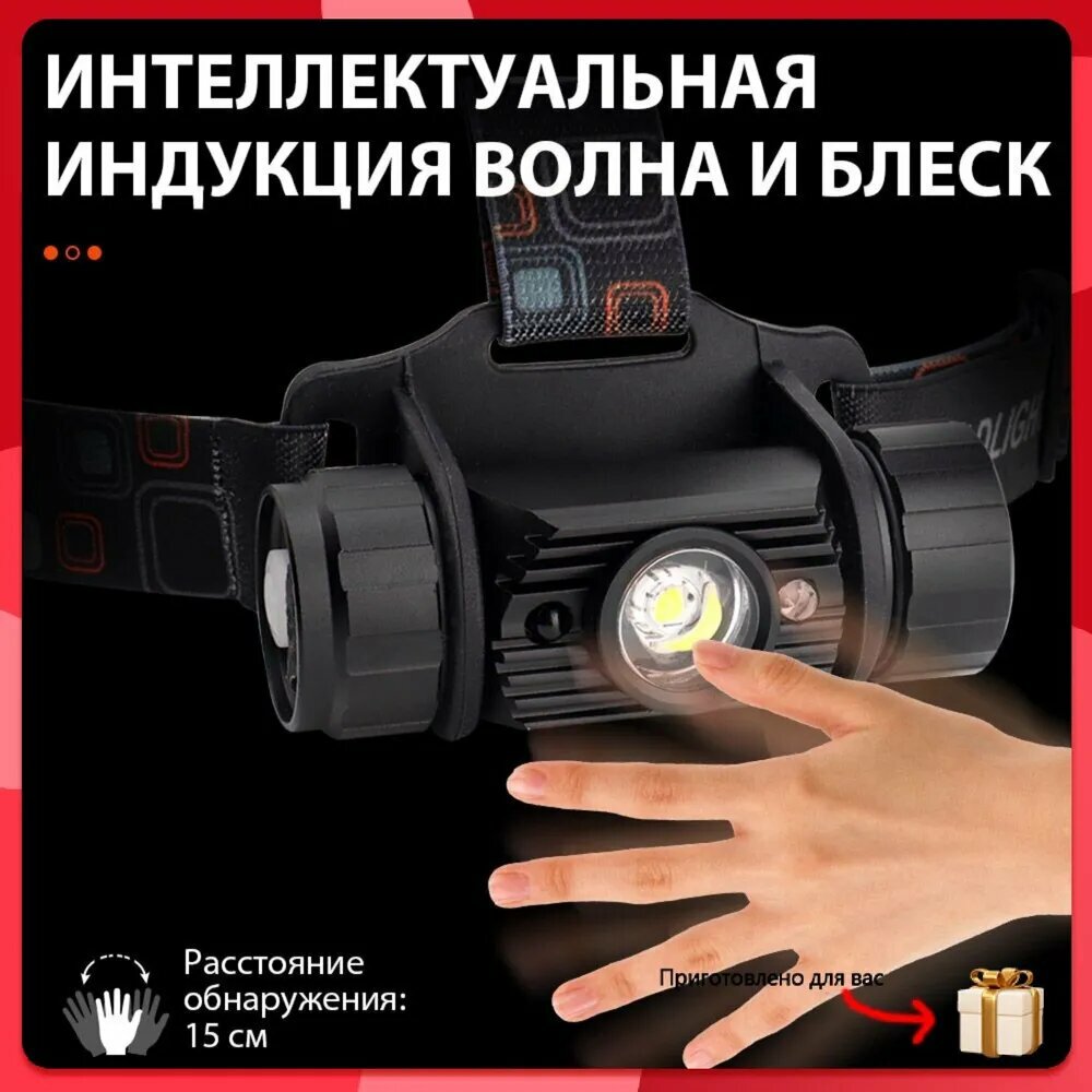 Фонарь-прожектор BORUIT светодиодный налобный фонарь, USB-зарядка, влагозащита, красный — фото 1