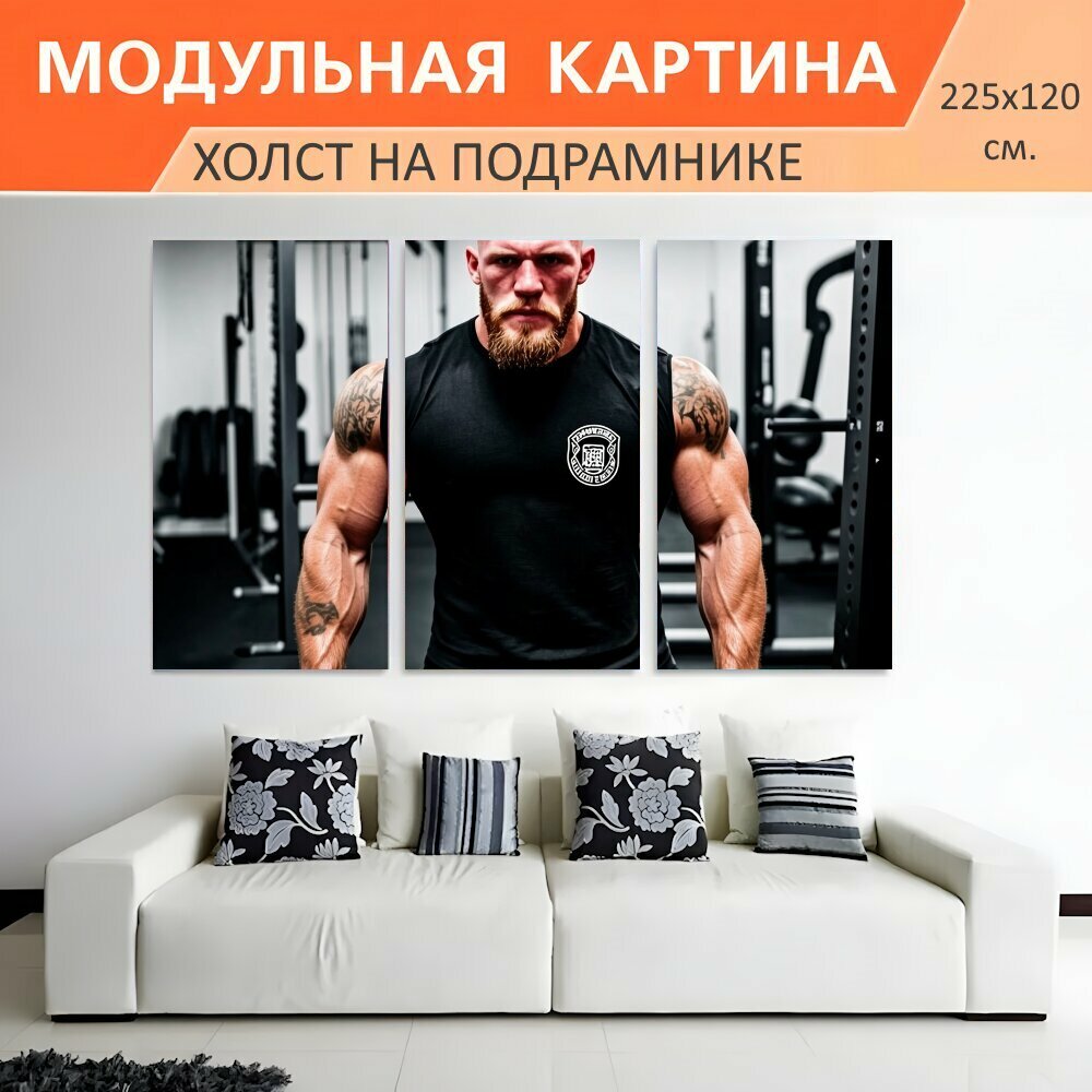 Модульная картина на холсте "Конор макгрегор в тренажерном зале, сосредоточенно тренирующийся" триптих на подрамнике 225х120 см. для интерьера