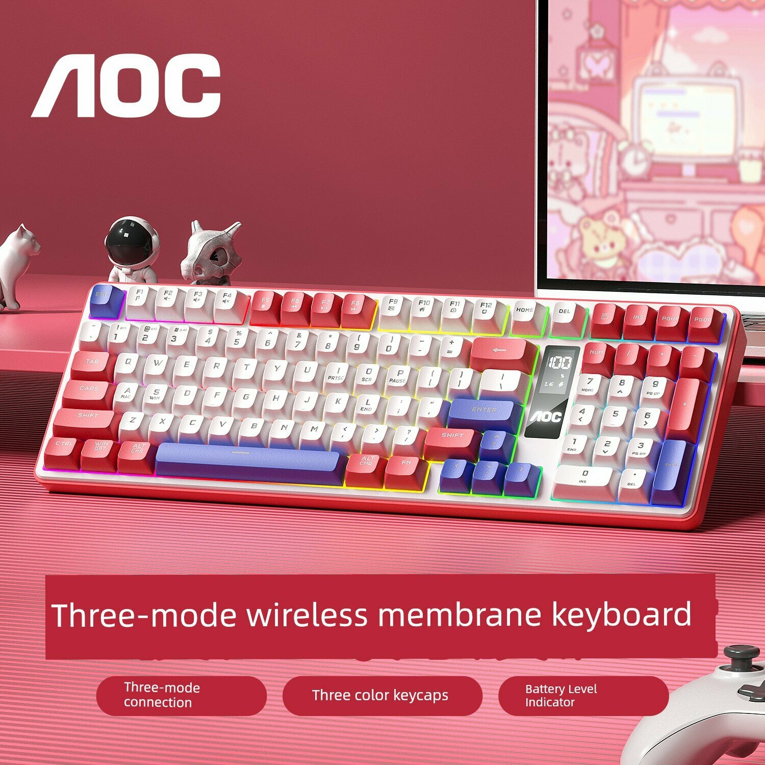 AOC-GK300 беспроводная клавиатура и мышь 99-клавишная, бело-красно-синяя, Bluetooth, RGB-подсветка, с дисплеем