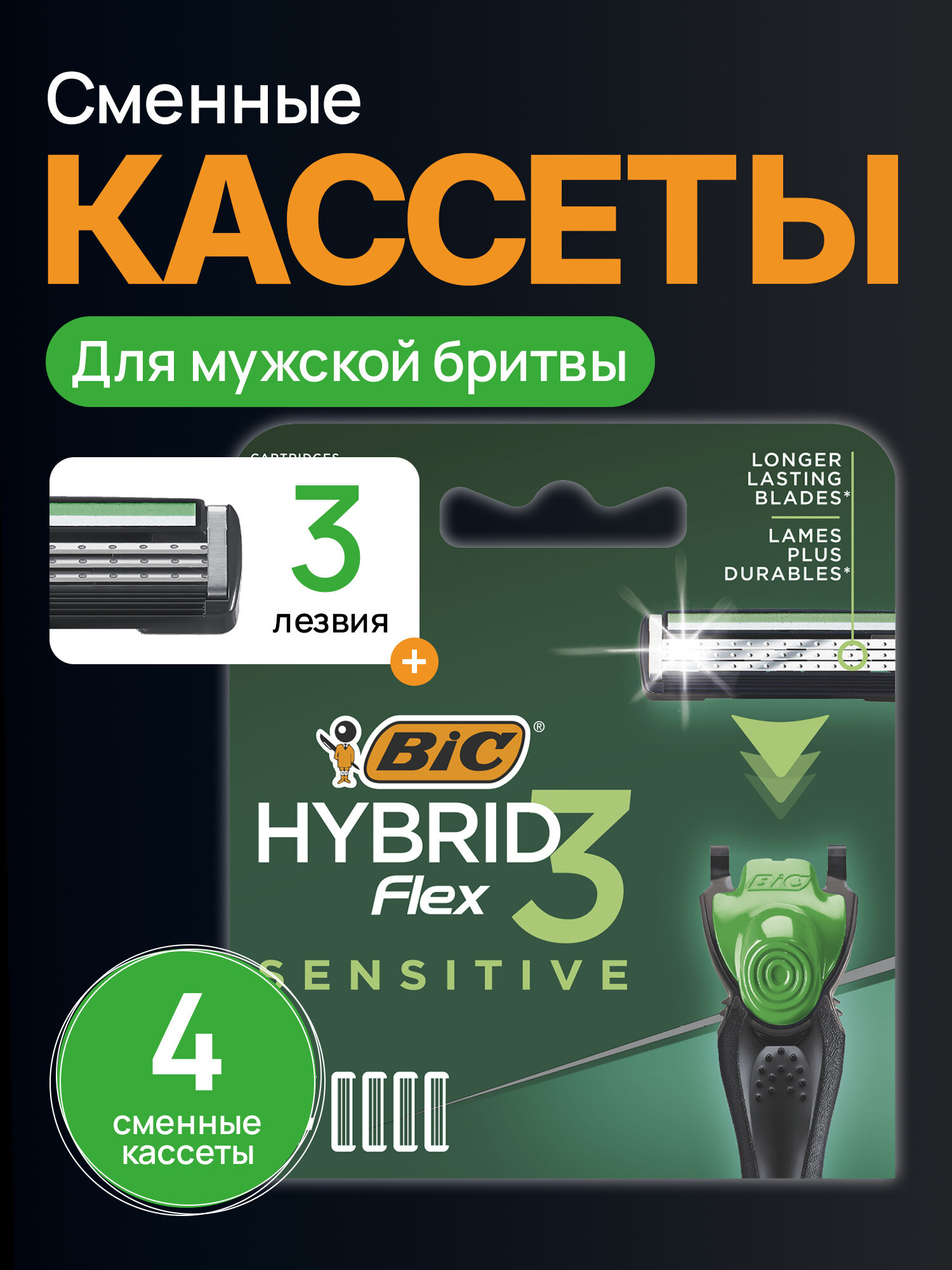 Сменные кассеты для мужской бритвенной системы BIC Гибрит 3 Флекс для чувствительной кожи, 4 шт
