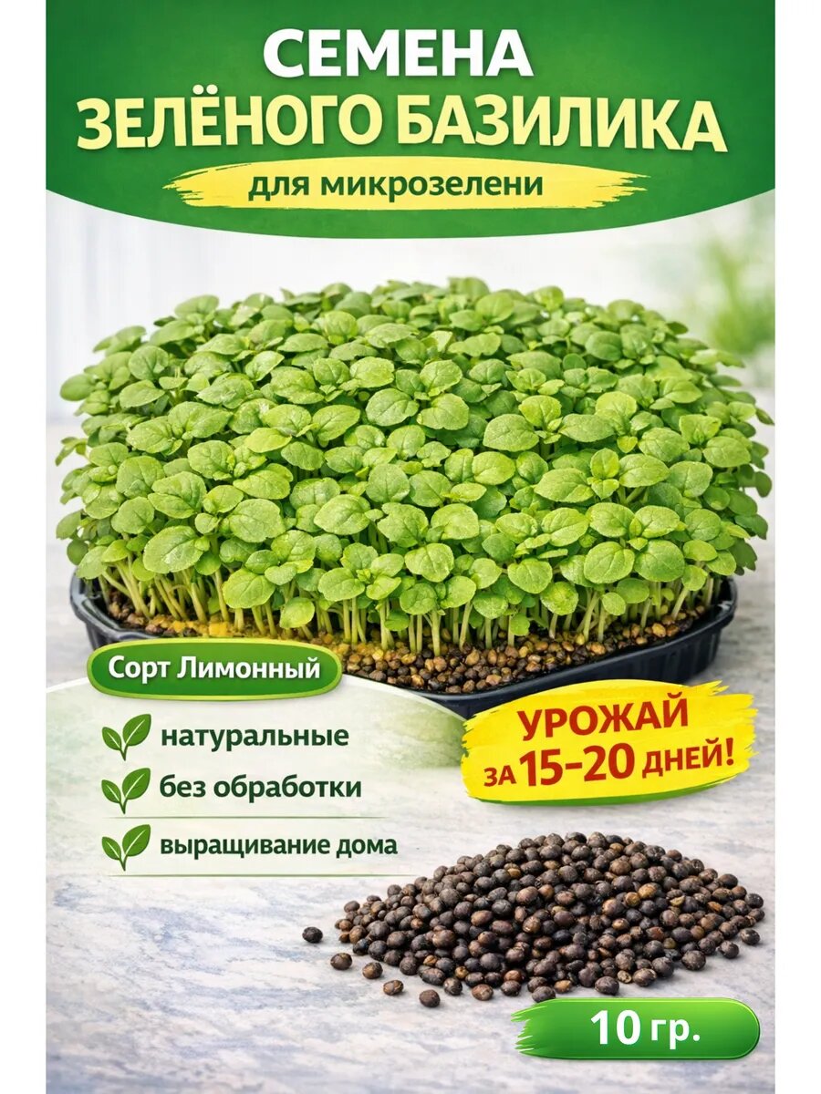 Семена базилика зеленый лимонный для проращивания микрозелени, 10 грамм