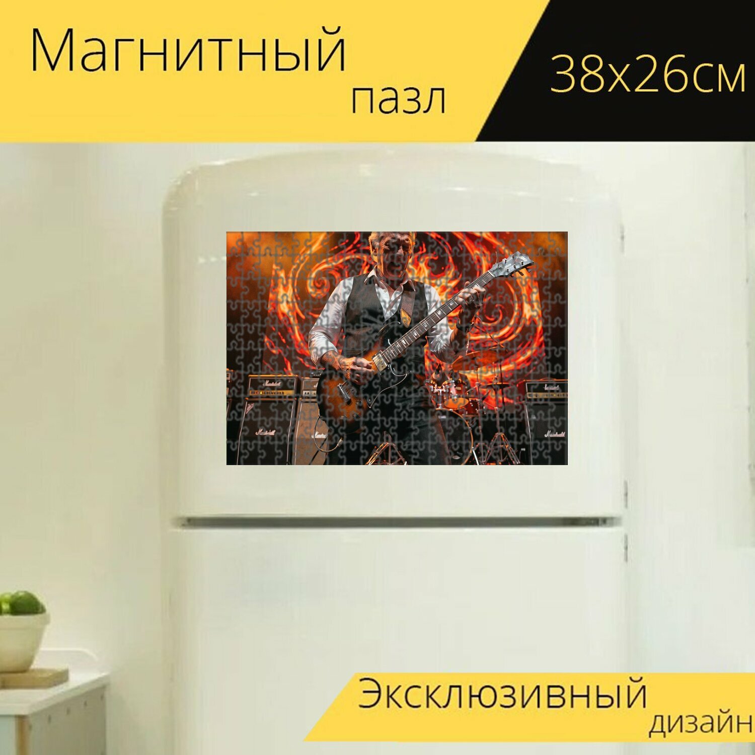 Магнитный пазл "Рок-музыкант с гитарой на сцене. Энергичное выступление зрелого гитариста под яркими огнями, огненный фон, сценическое оборудование и." для интерьера, 38х26 см.