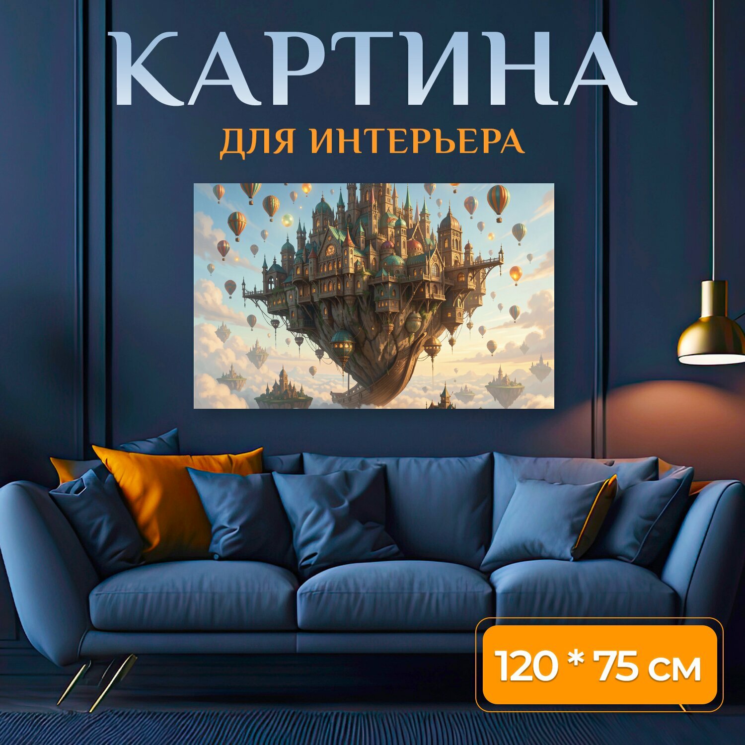 Картина на холсте "Летающий замок в облаках. Фантазийный сказочный город на парящей скале с башнями и куполами, вокруг множество воздушных." на подрамнике 120х75 см. для интерьера