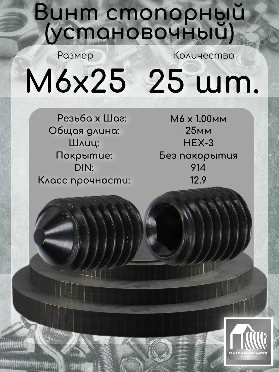 Винт М6х25 DIN914 установочный с острым наконечником, комплект из 25 штук