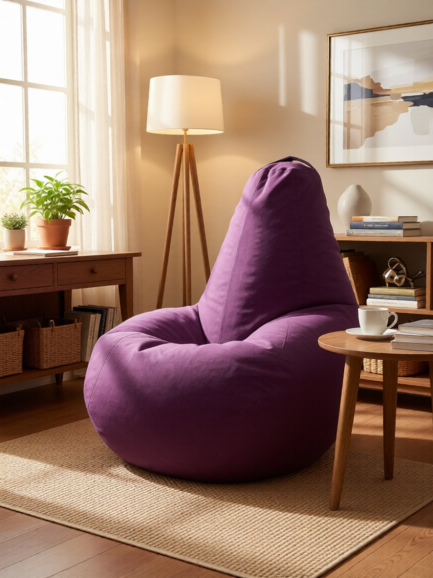 Мир Пуффов Кресло-мешок «Груша» размер- XXL(ростом до 170см), Велюр фиолетовый , съемный чехол на молнии