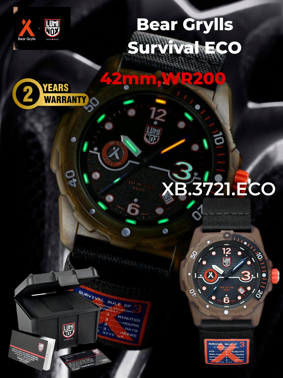 Часы Luminox Bear Grylls Eco минеральное, 42mm, тритиевые трубки, Водонепроницаемые 200м , Гарантия 2 года, XB.3721. ECO