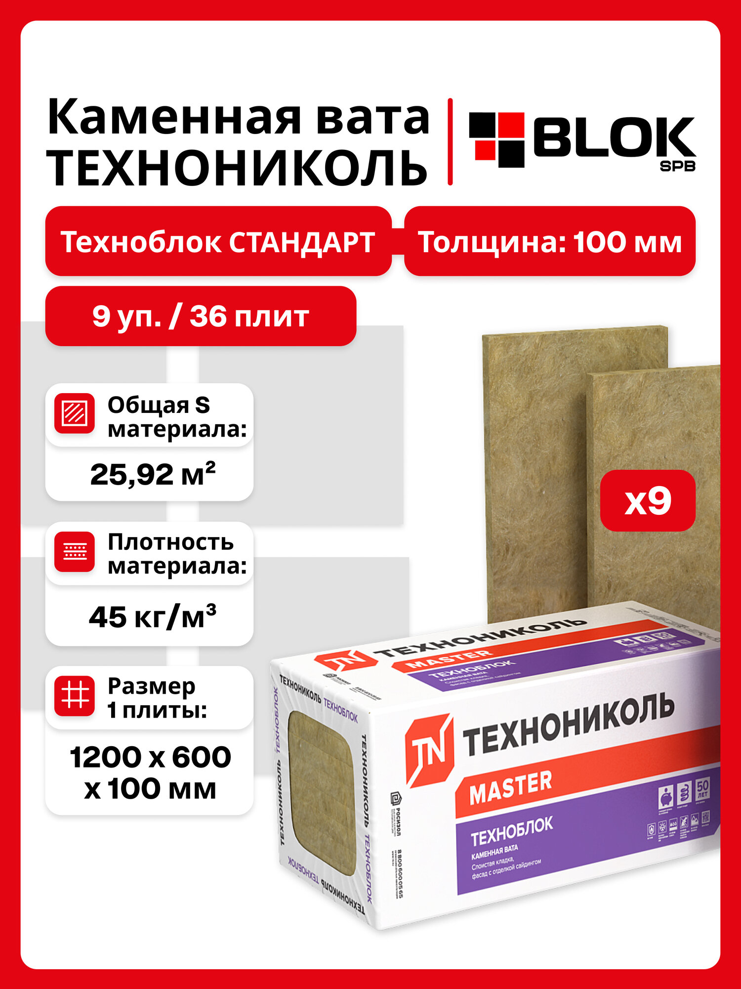 Технониколь Техноблок Стандарт 1200х600х100 мм (9 уп. / 25,92 м2 / 36 шт.) минеральная вата для стен, крыши, пола