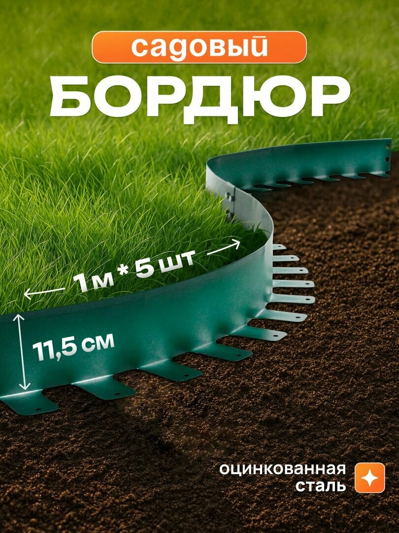 Садовый бордюр из оцинкованной стали, разделитель для газонов. Высота 115 см, длина 5 м.